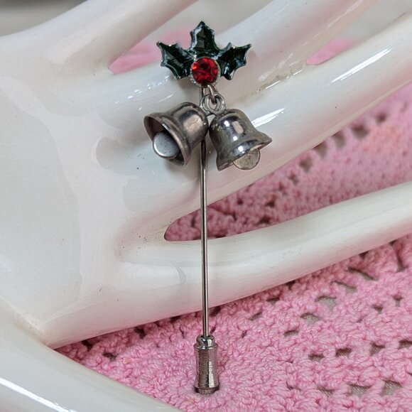 Jewelry | Vintage Enamel Holly Jingle Bells Stick Pin Red Rhinestone ...